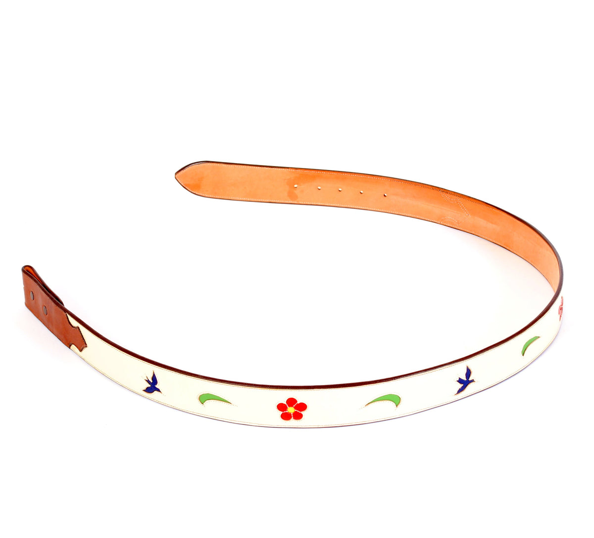 Handmade Leather Belt Cream with Inlaid Bluebird & Floral Designs sz 3 ...